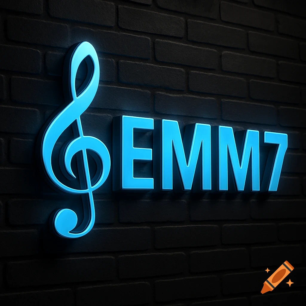 3D neon blue treble clef and text EMM7 glowing against a dark brick ...