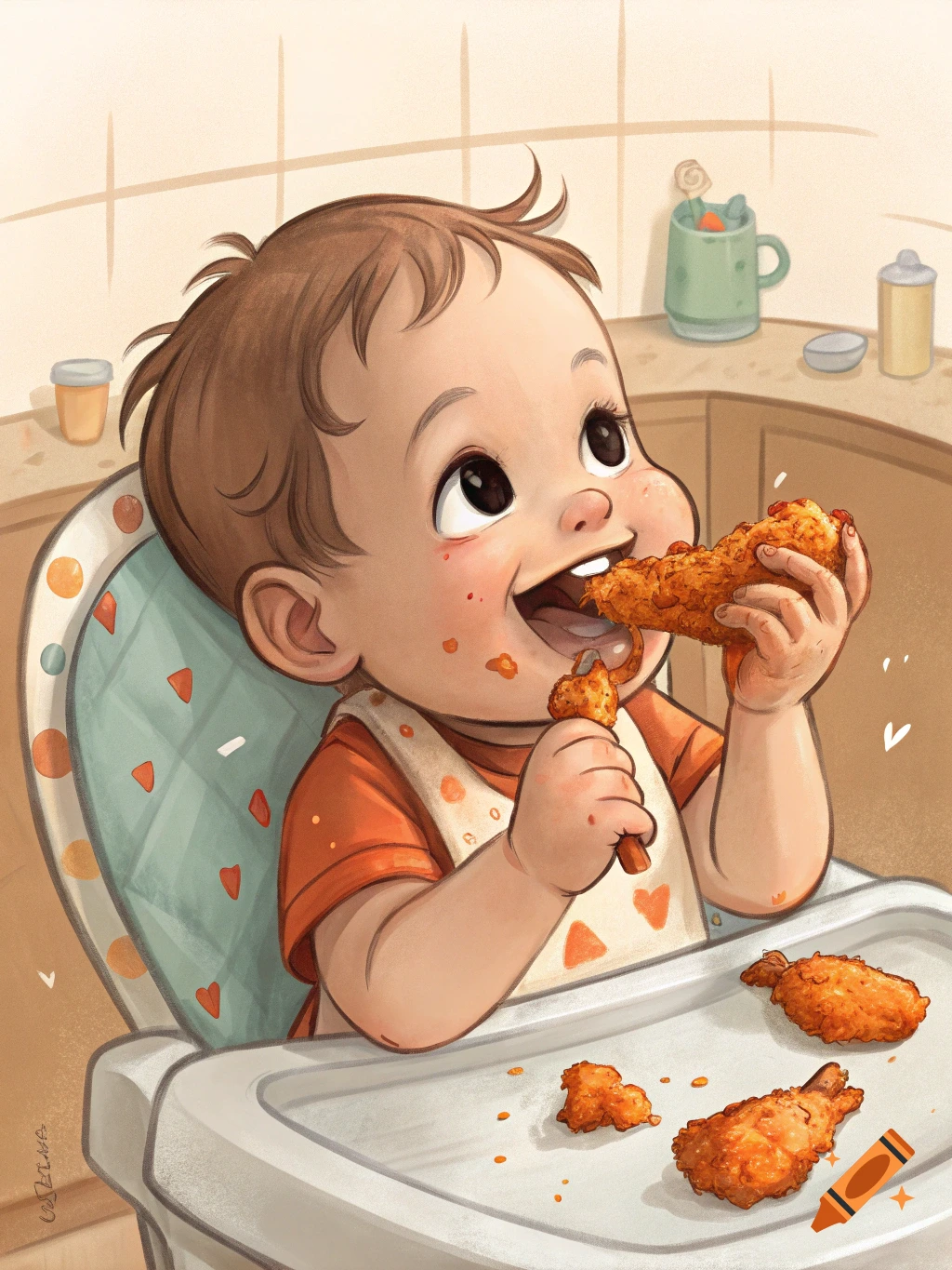 Cute baby in a high chair happily eating a fried chicken leg, cartoon ...