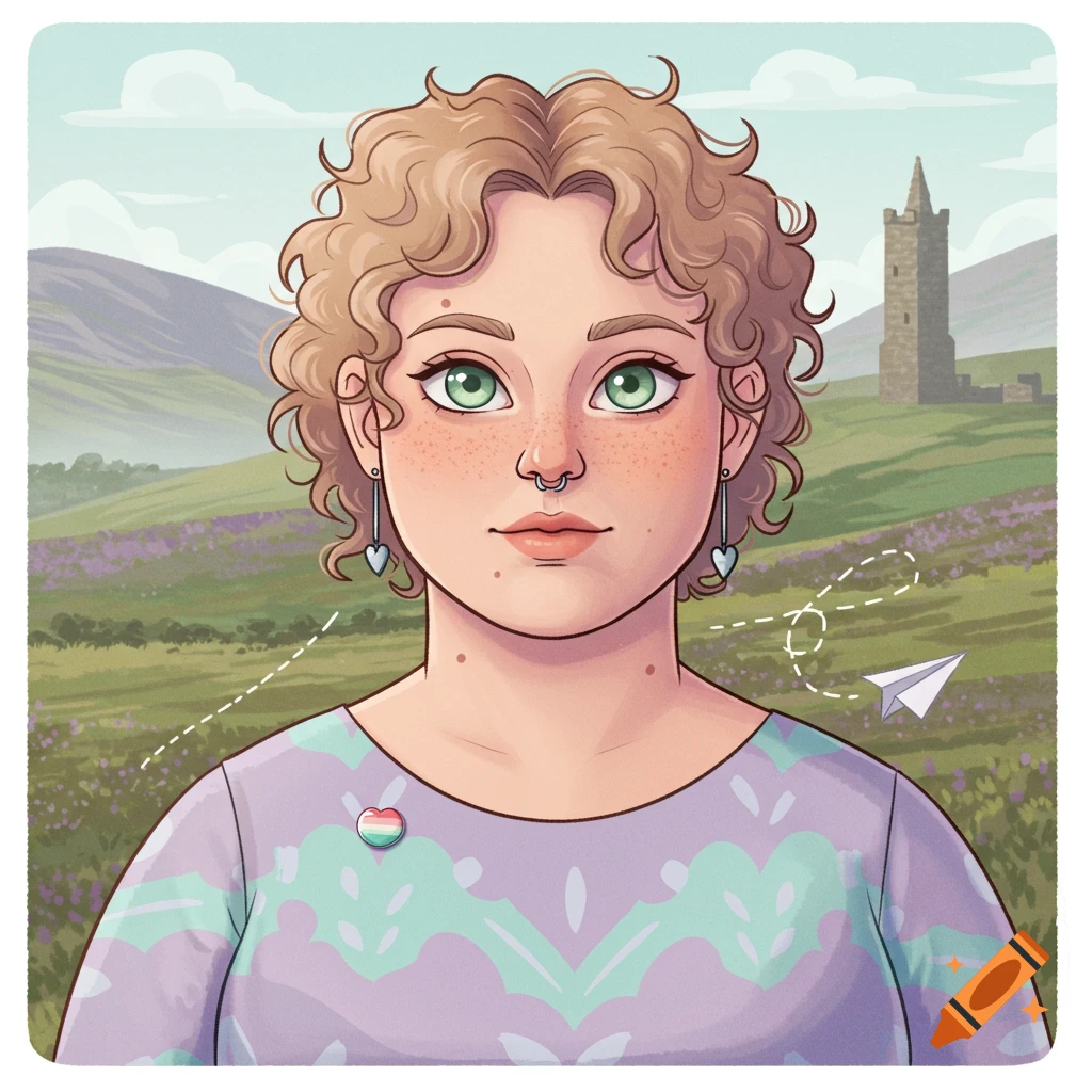 A cartoon avatar portrait of a woman with curly hair and green eyes ...