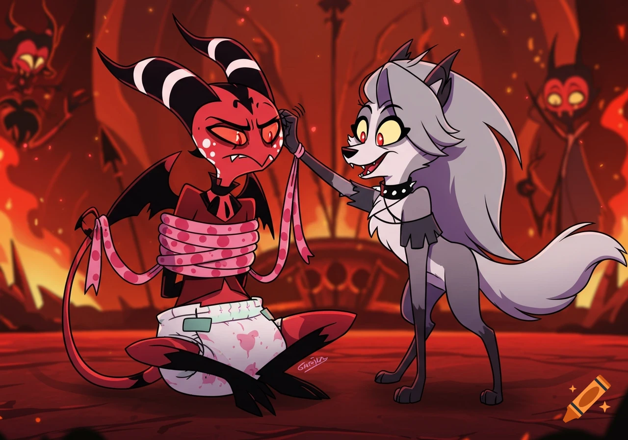 Cartoon demon Blitzo tied with pink ribbon in a diaper, looking annoyed, while hellhound Loona ...