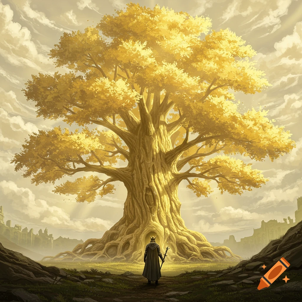 A lone figure stands before a gigantic golden tree with massive roots ...