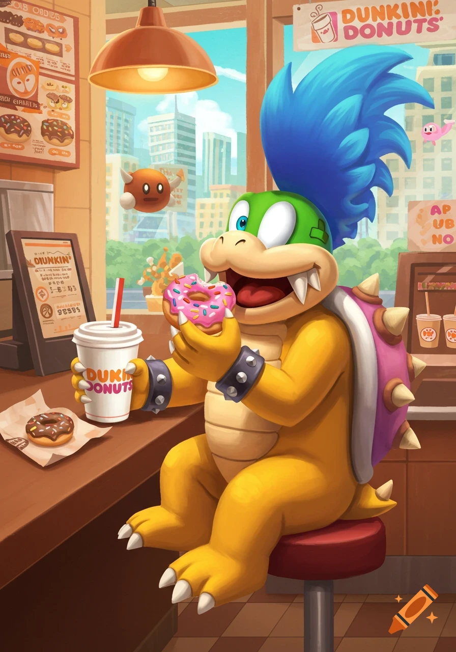 Larry Koopa from Super Mario, with blue hair and a spiked shell, sits ...