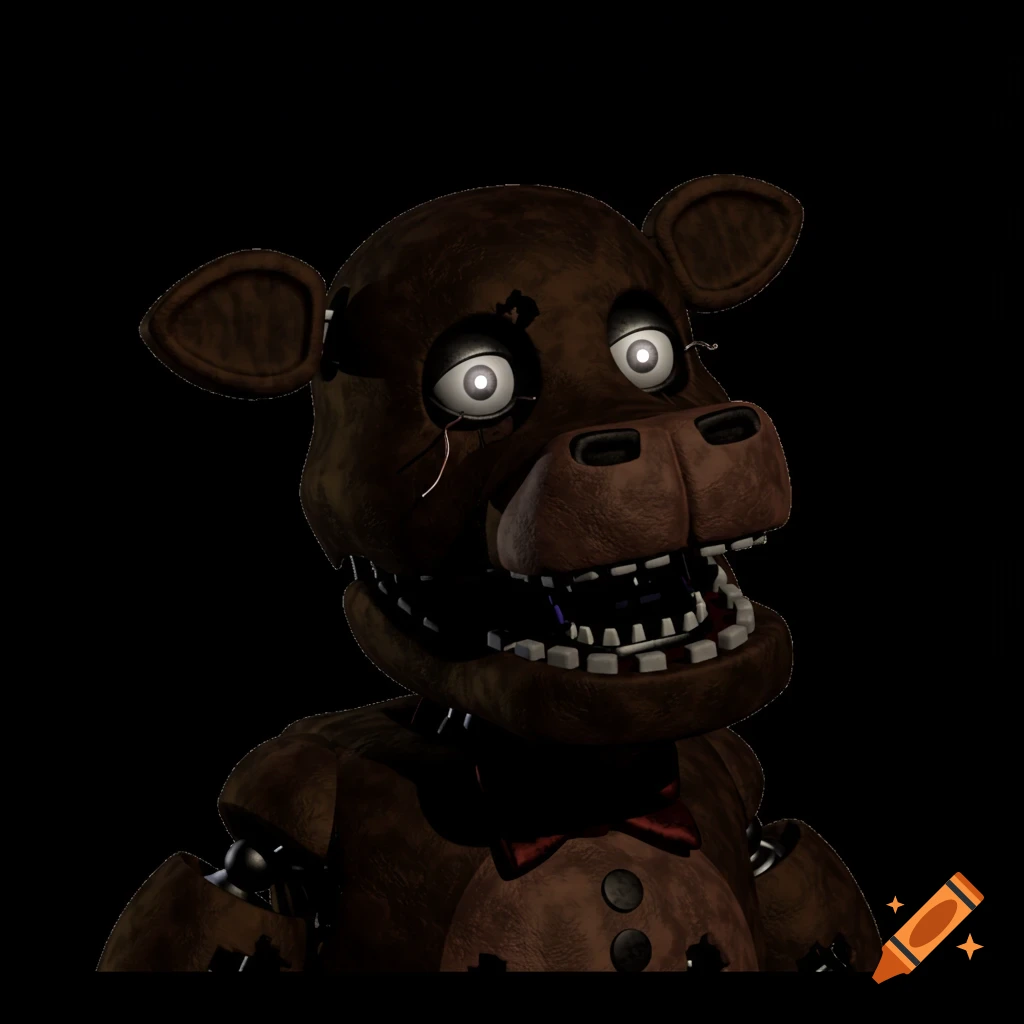 A dark brown animatronic head with glowing white eyes, exposed teeth ...