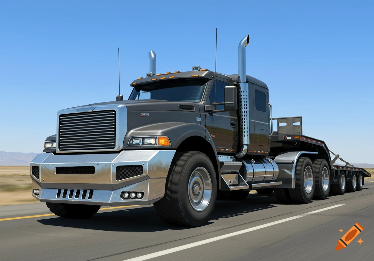 A photorealistic dark grey semi-truck with a large silver bumper and ...