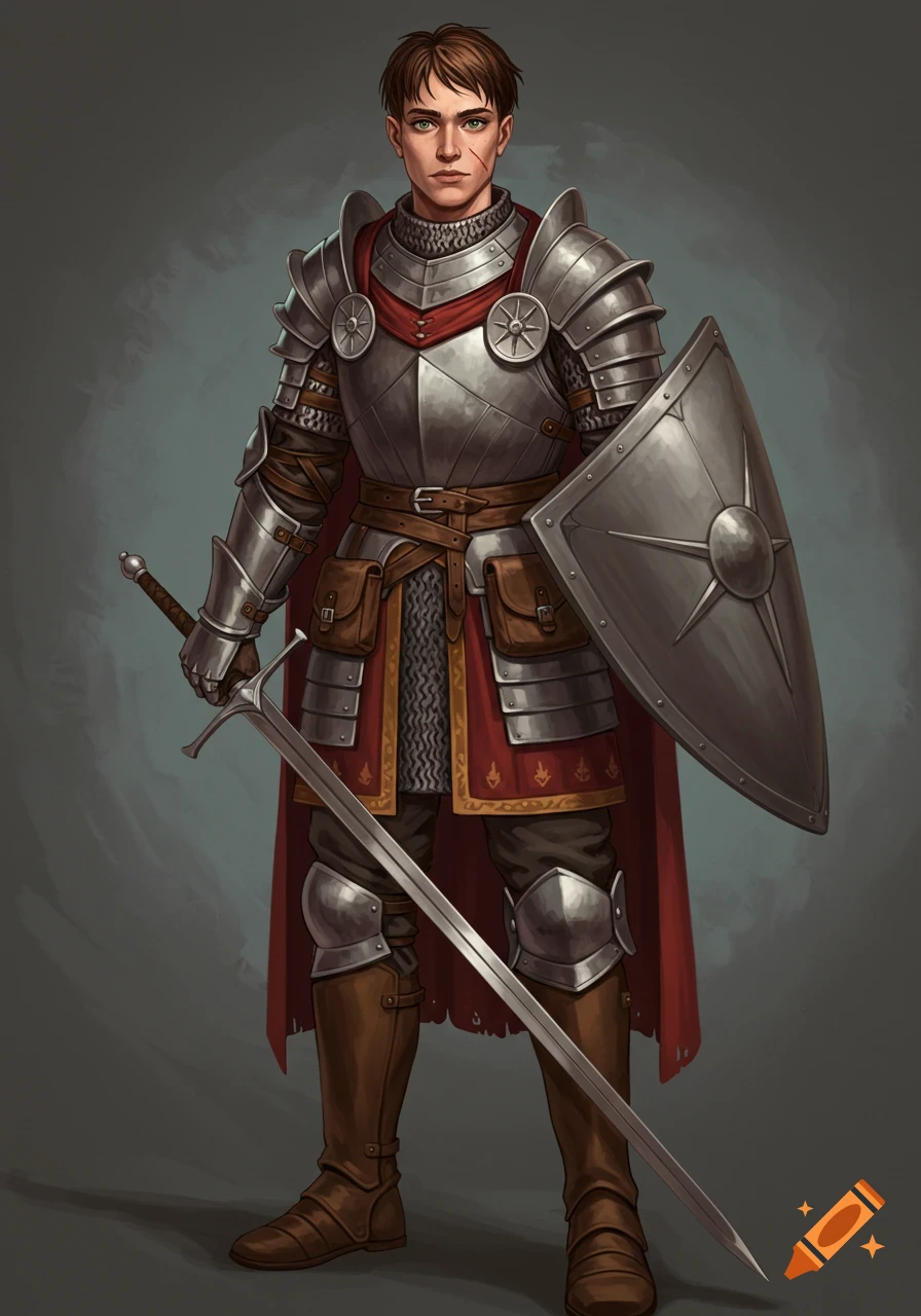 Full body portrait of a young male human paladin in plate armor ...