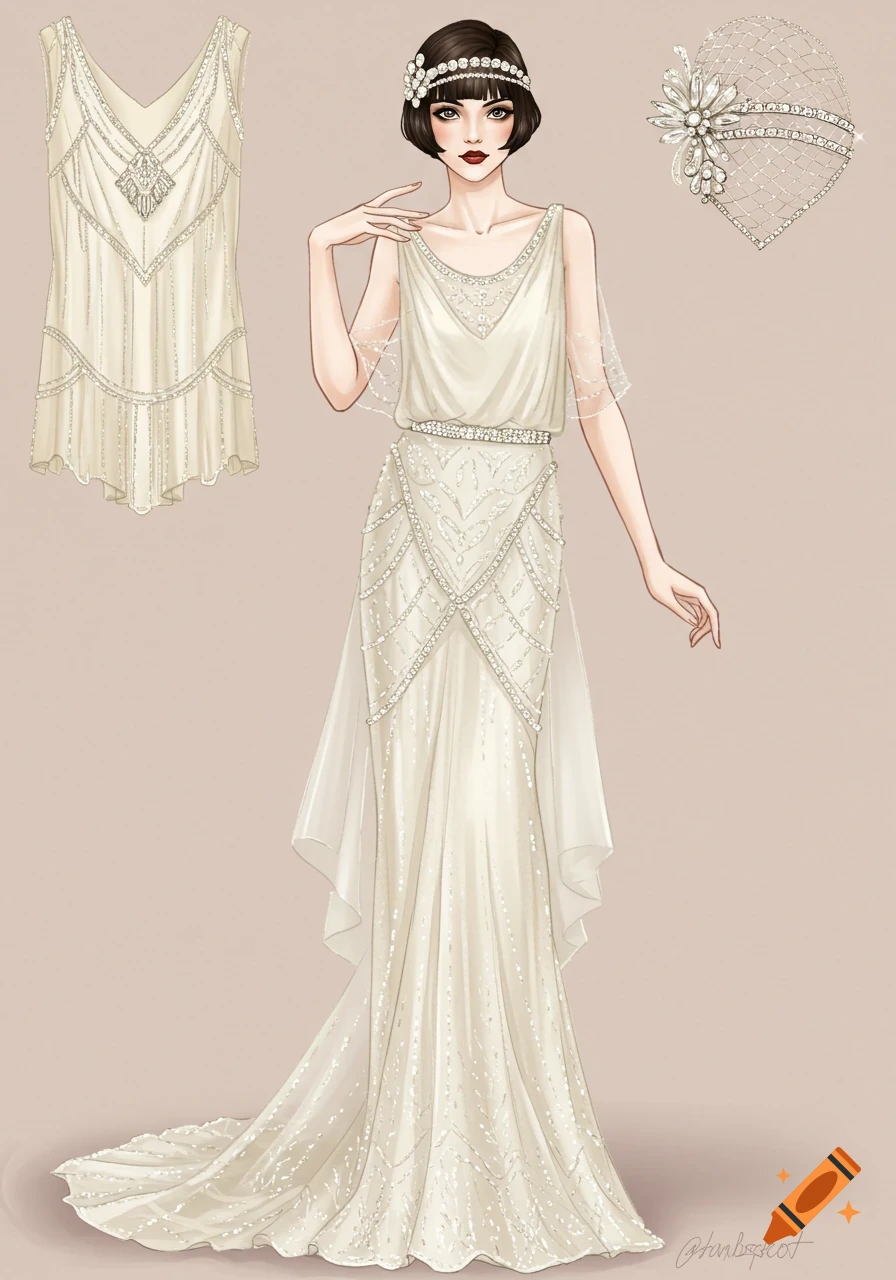 Full-body illustration of a woman in a white beaded 1920s-style wedding ...