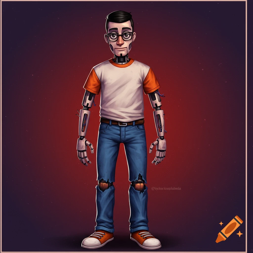 A full-body illustration of a humanoid animatronic wearing a white and ...