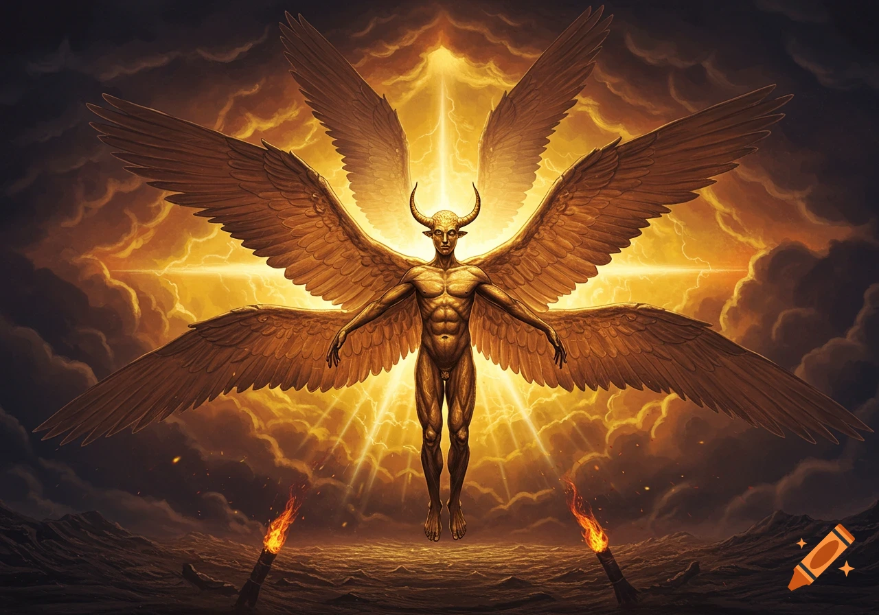 A horned, winged figure with a muscular, golden body floats amidst ...