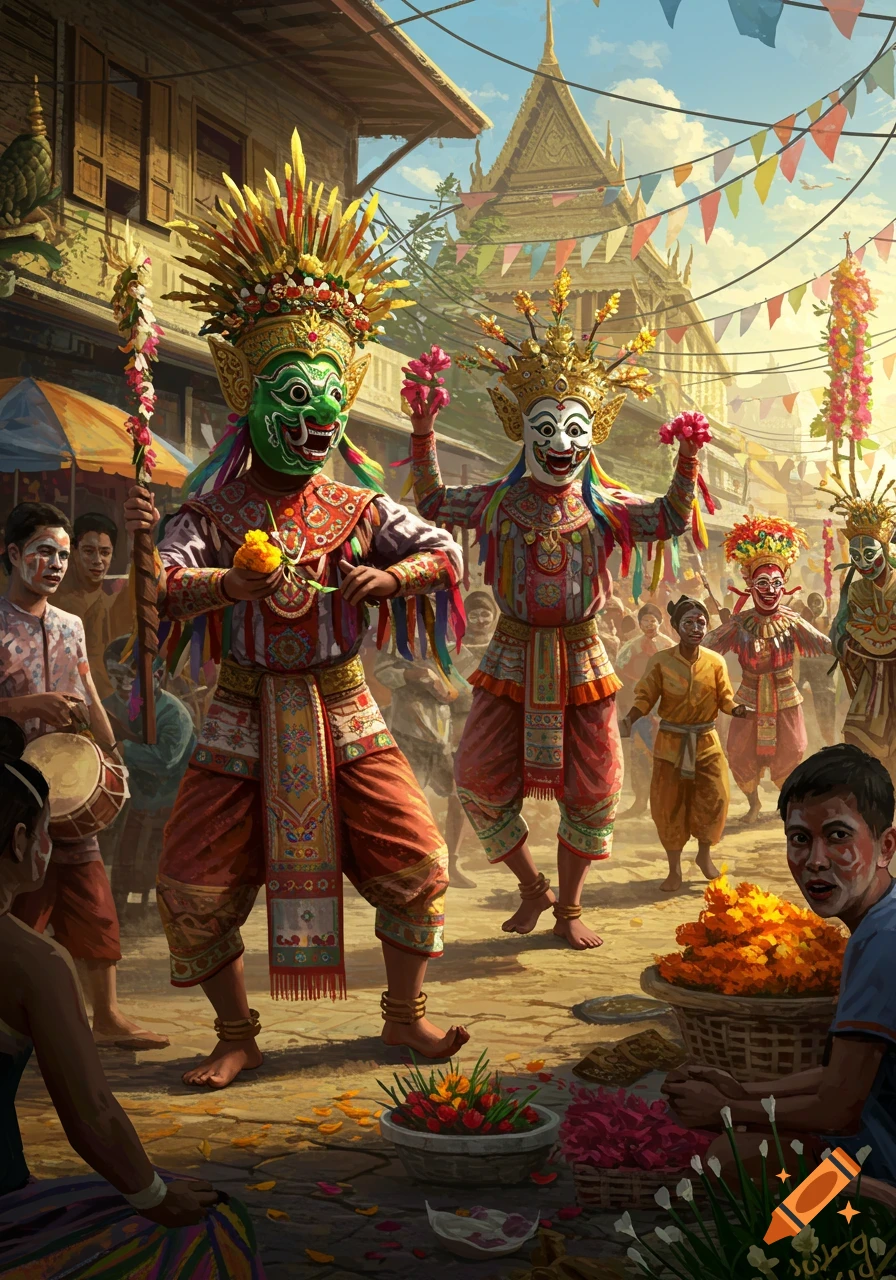 Two masked figures in elaborate traditional costumes dancing in a ...