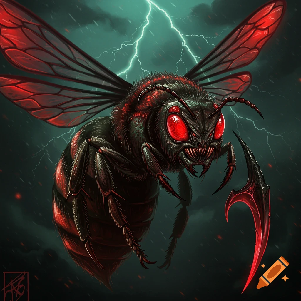 A menacing, dark, insectoid creature with glowing red eyes and a sharp ...