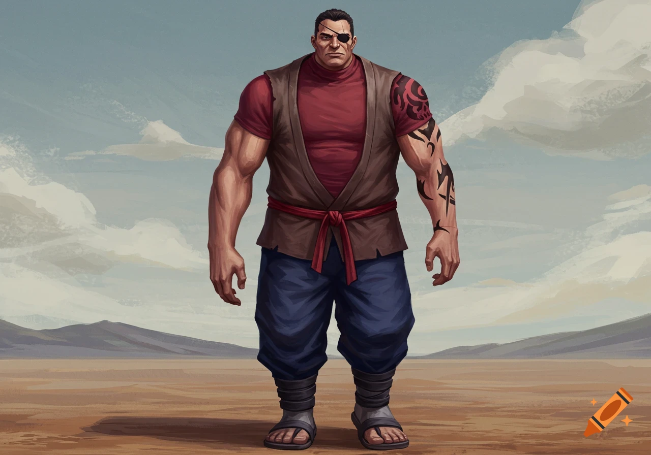 A muscular man with an eyepatch and a missing left arm stands in a ...