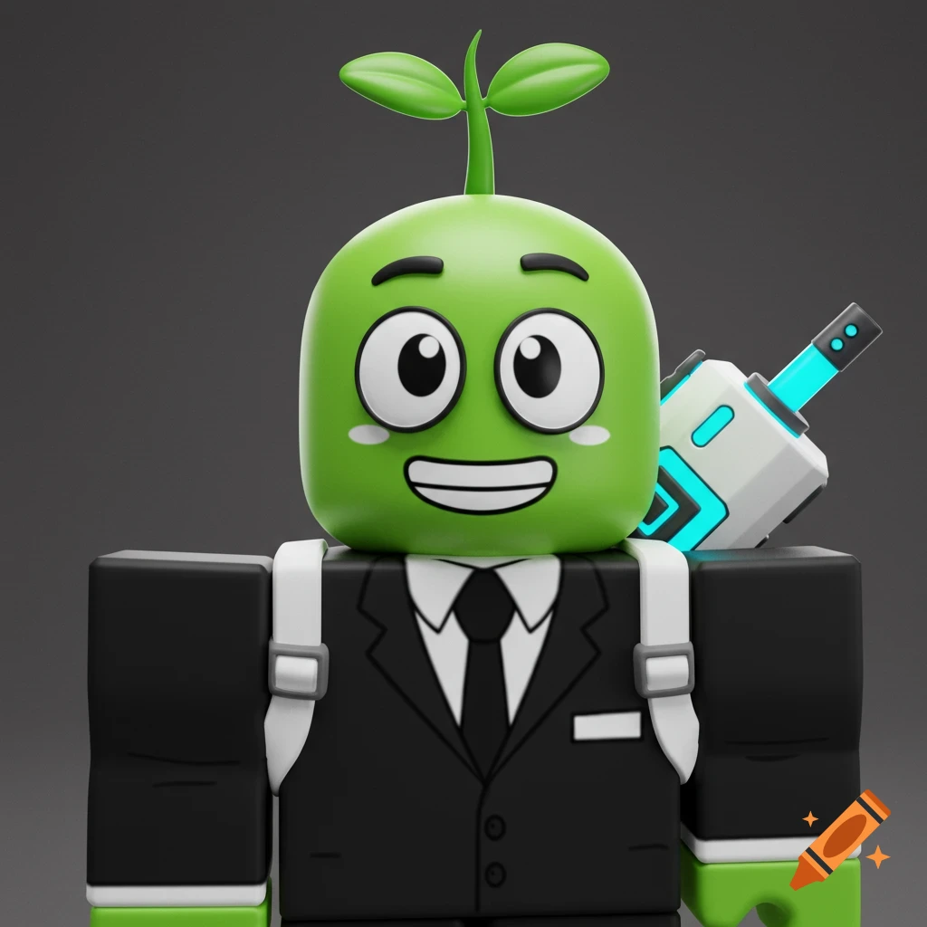 A cartoon Roblox avatar with a green head and a sprout, wearing a black ...