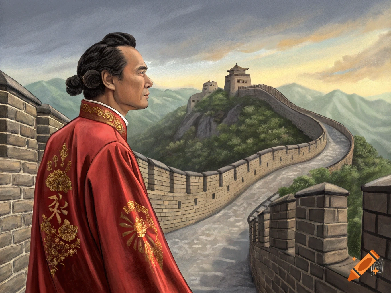 A man in a red traditional Chinese robe stands on the Great Wall ...