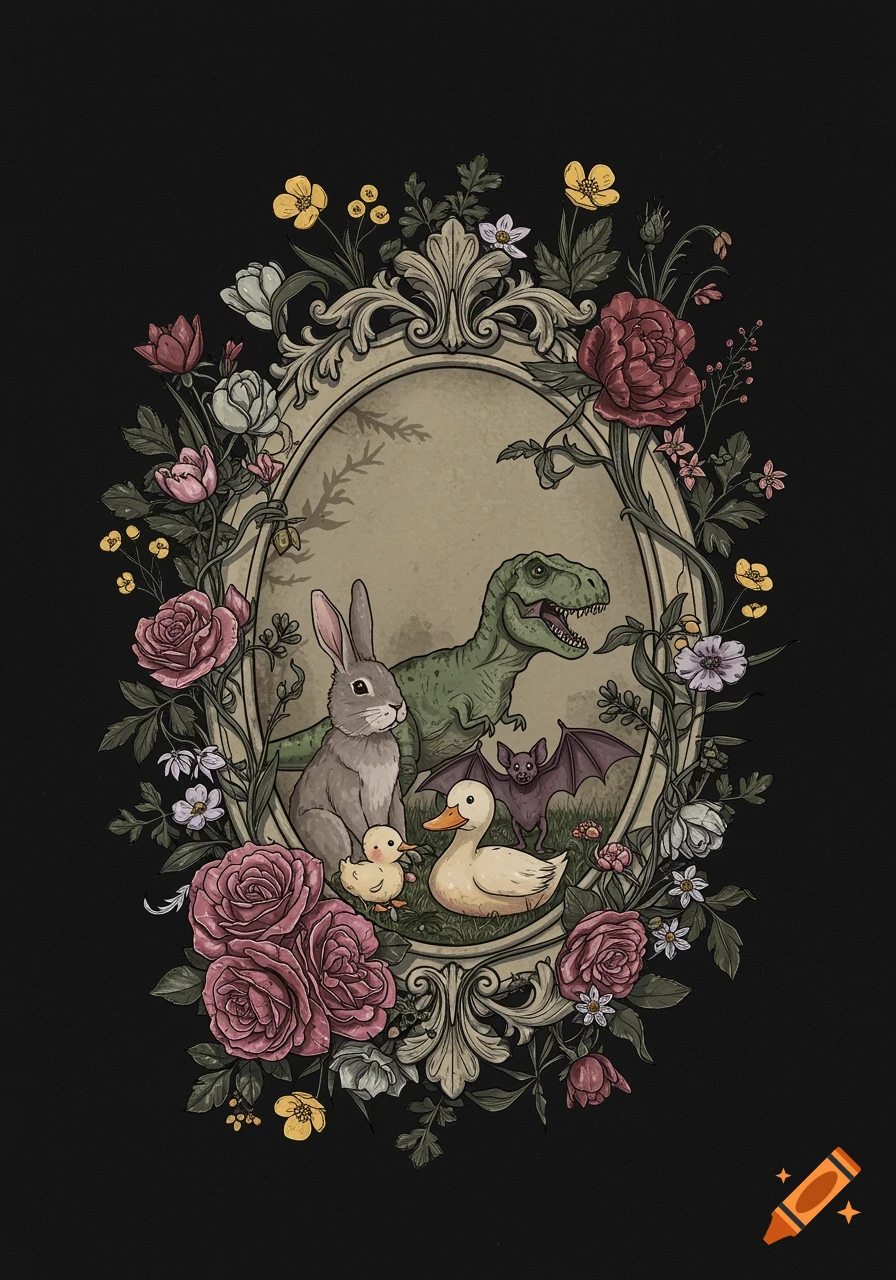 An illustration of a bunny, T-Rex, bat, and duck in a whimsical group ...