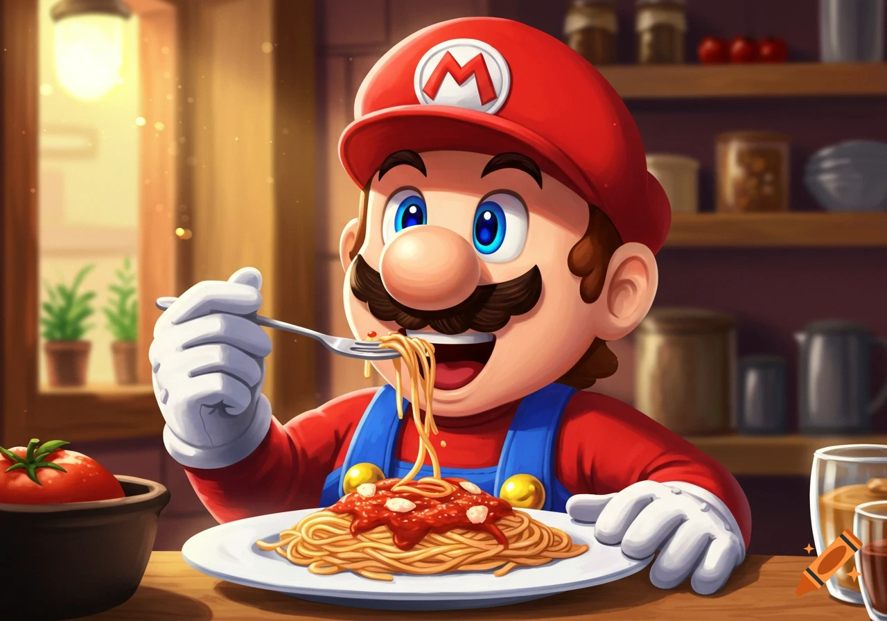 Cartoon Mario happily eating a large plate of spaghetti with a fork in ...