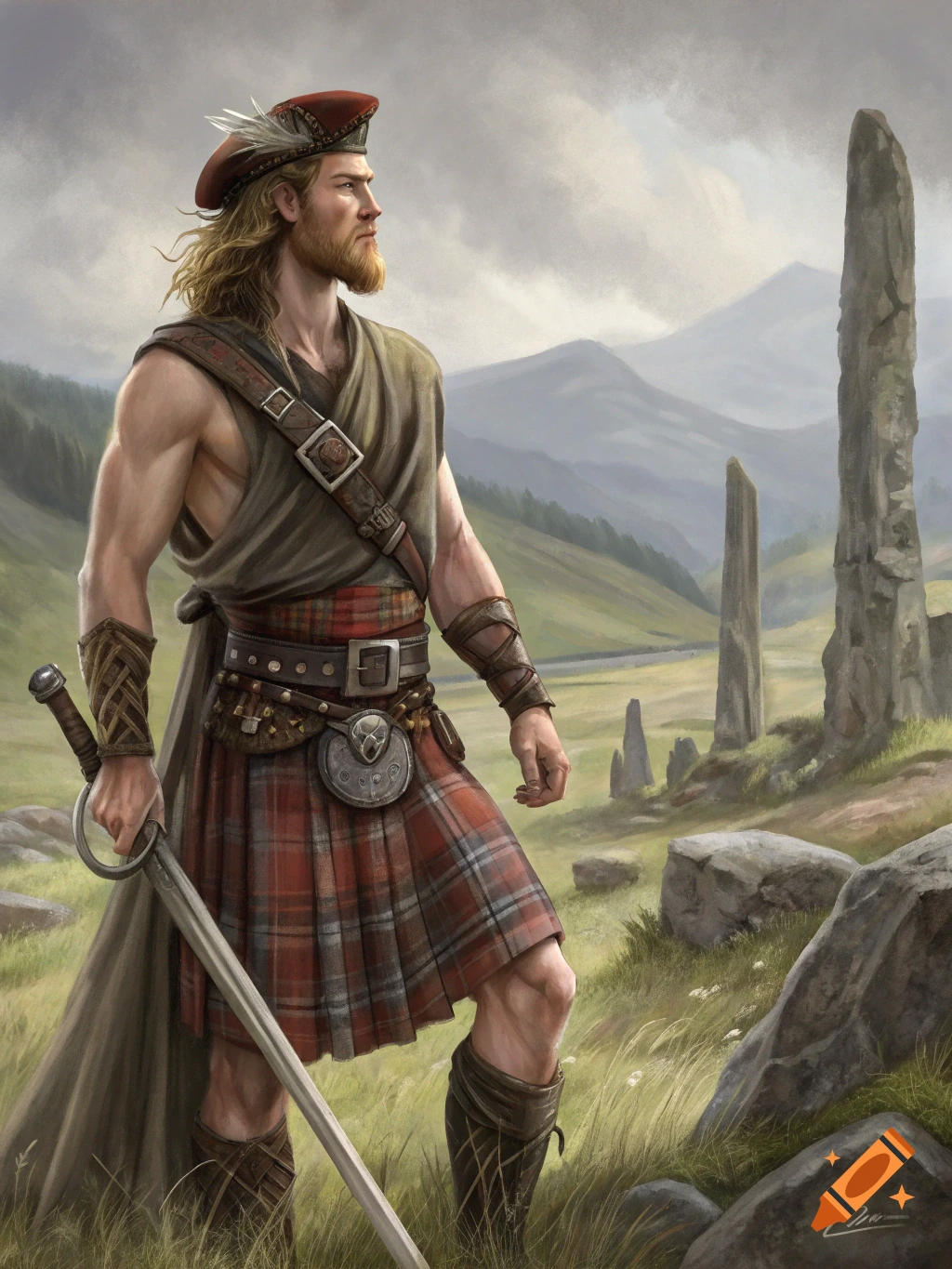 A strong Scottish Highlander man with long blonde hair and a beard ...