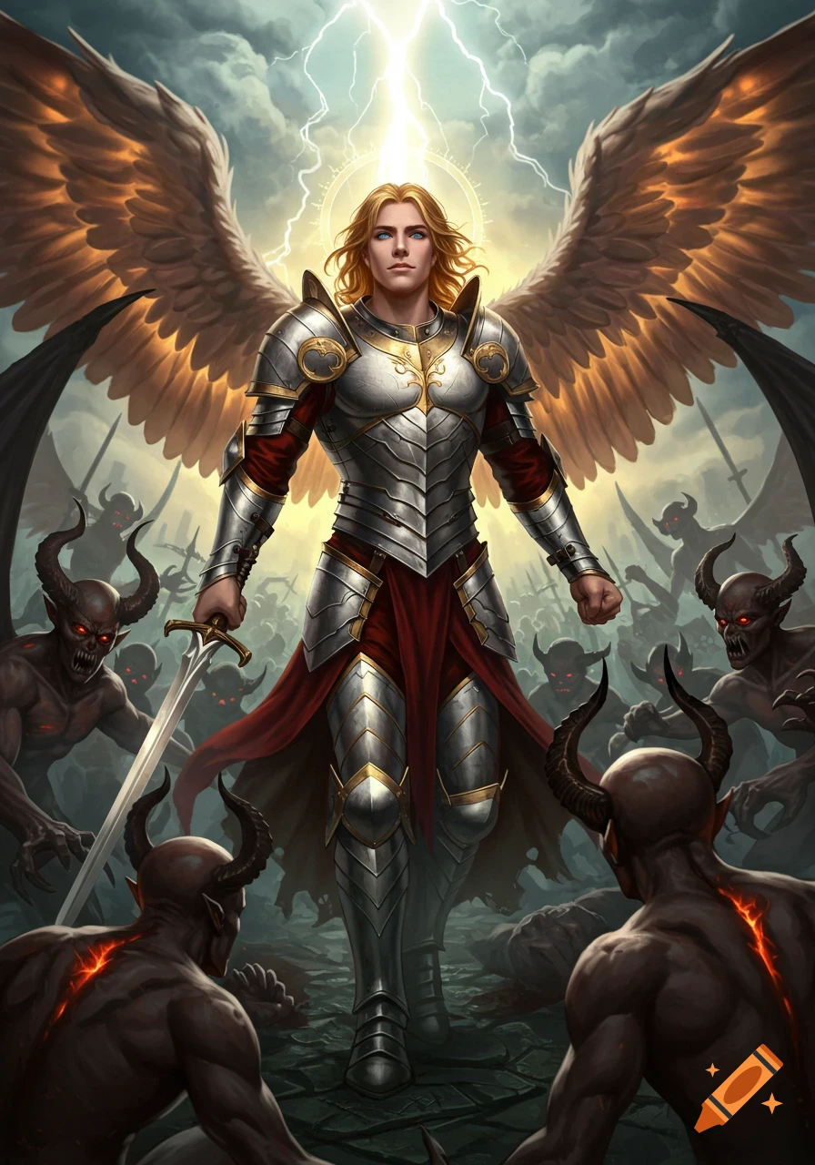 A handsome male angel in shining armor with golden wings stands ...