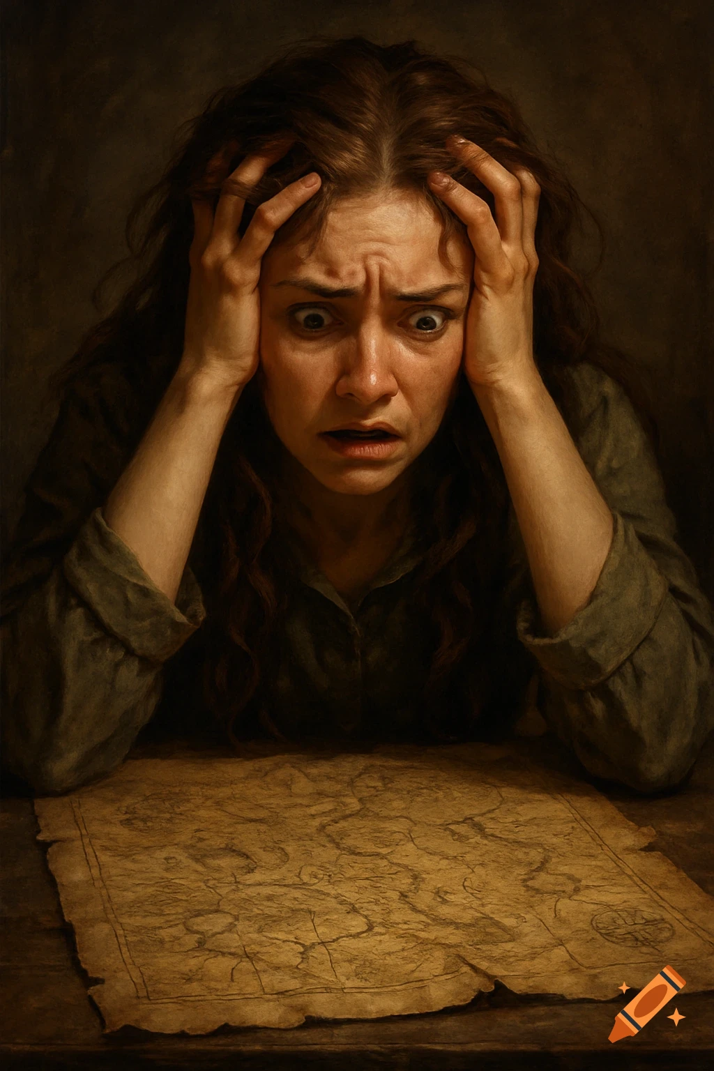 A photorealistic painting of a stressed young woman with her hands on ...