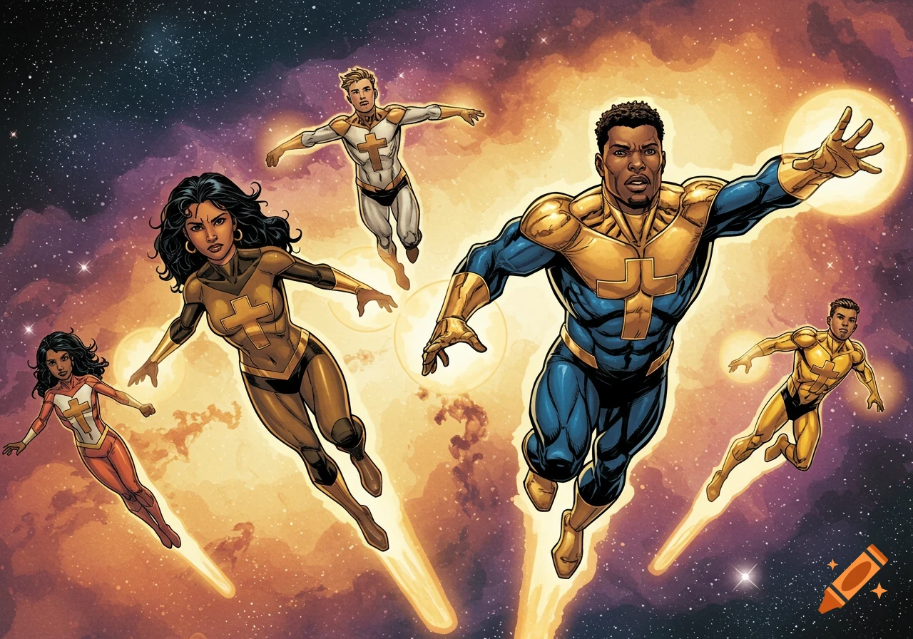 Five diverse superheroes with glowing crosses on their costumes fly ...