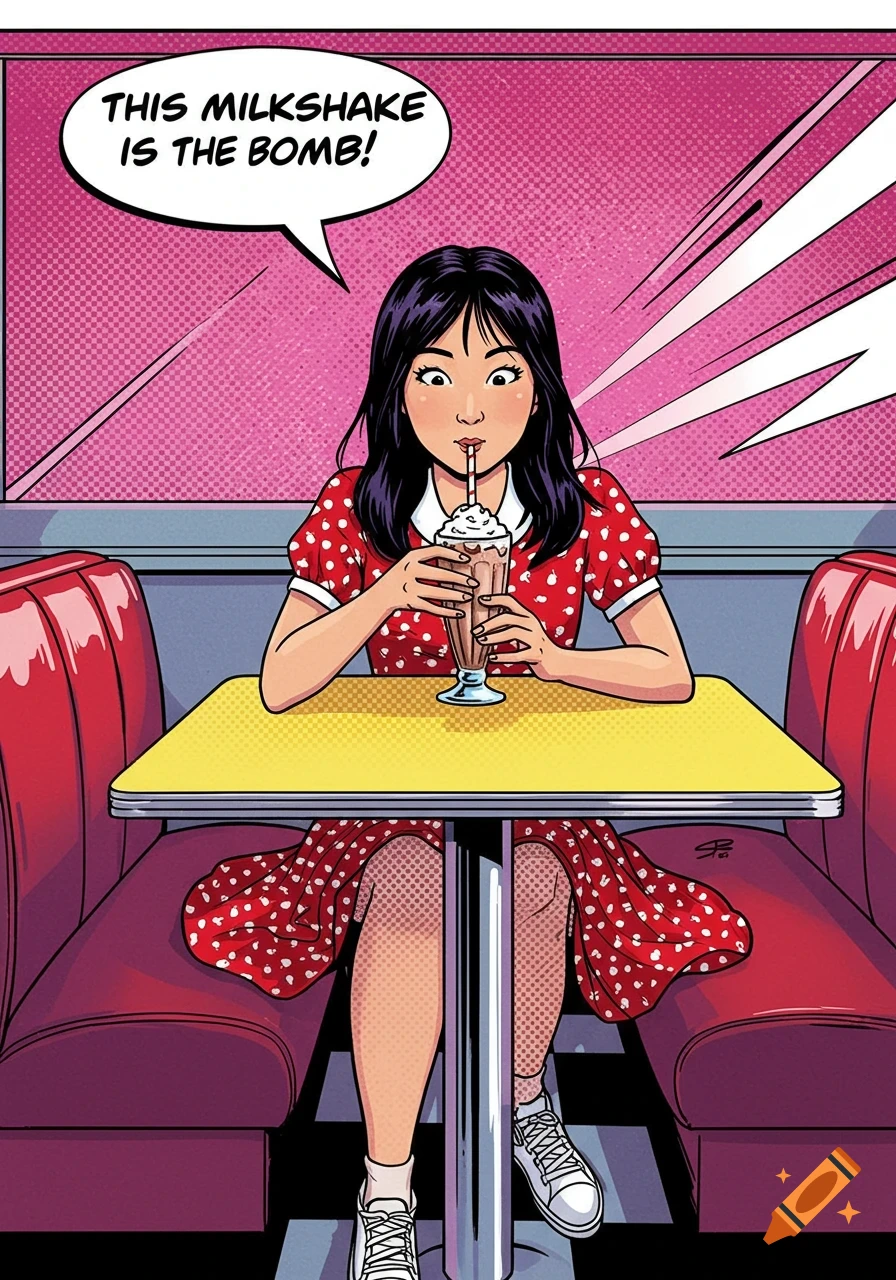 A comic book style illustration of a young woman in a red polka dot ...