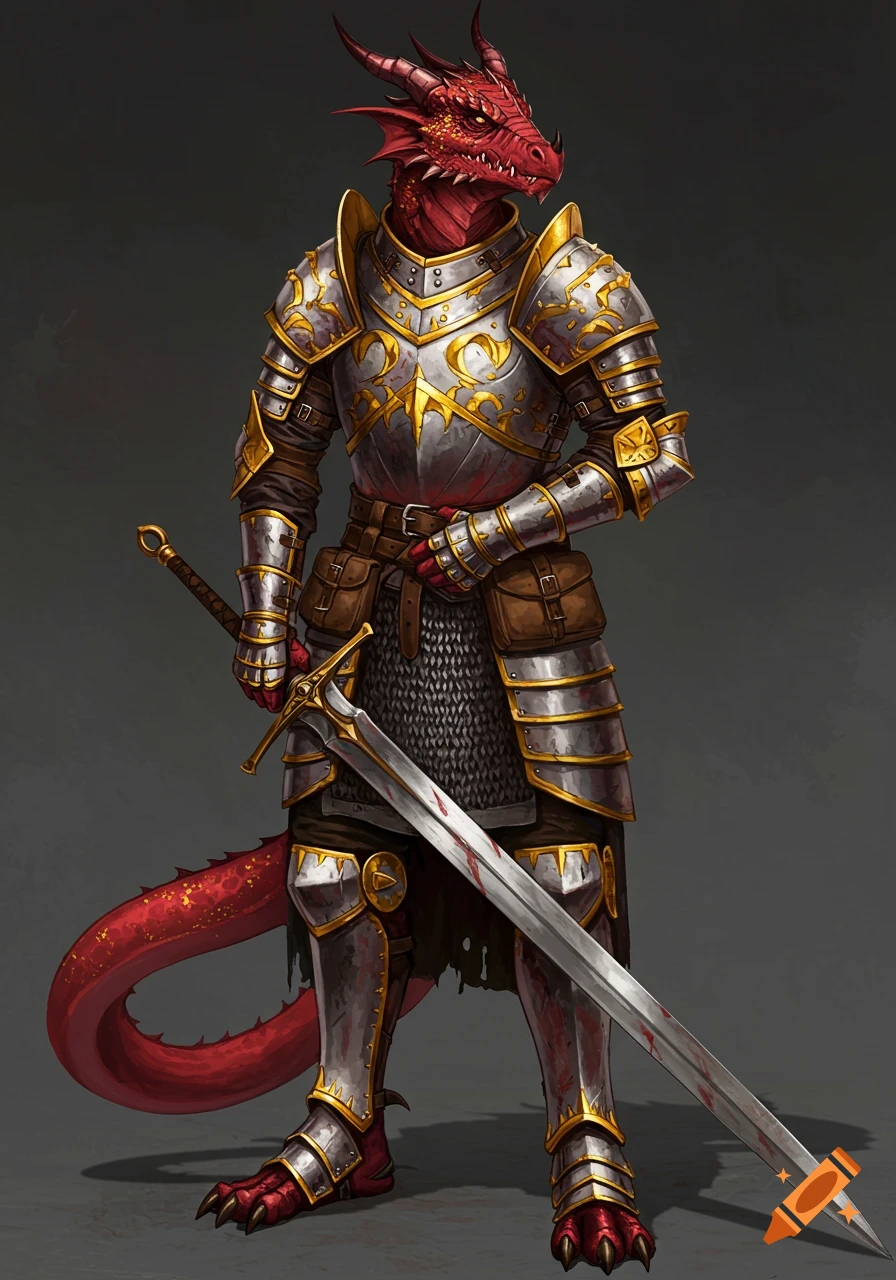 A red draconic humanoid in silver and gold plate armor holds a blood ...