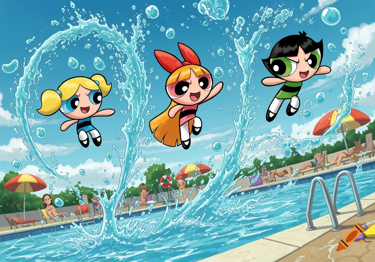 The Powerpuff Girls flying through water splashes above a lively ...