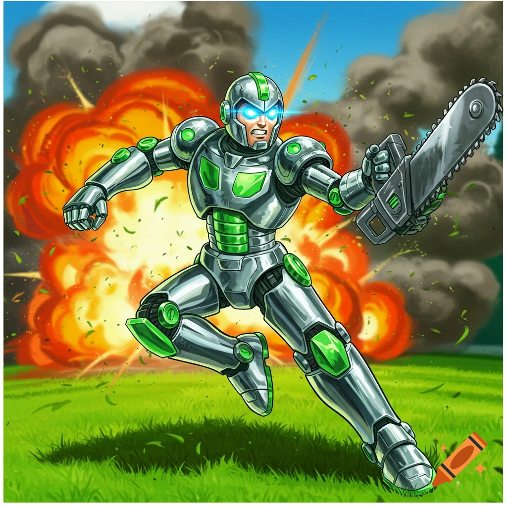 A cartoon robot in silver and green armor holding a chainsaw, running ...