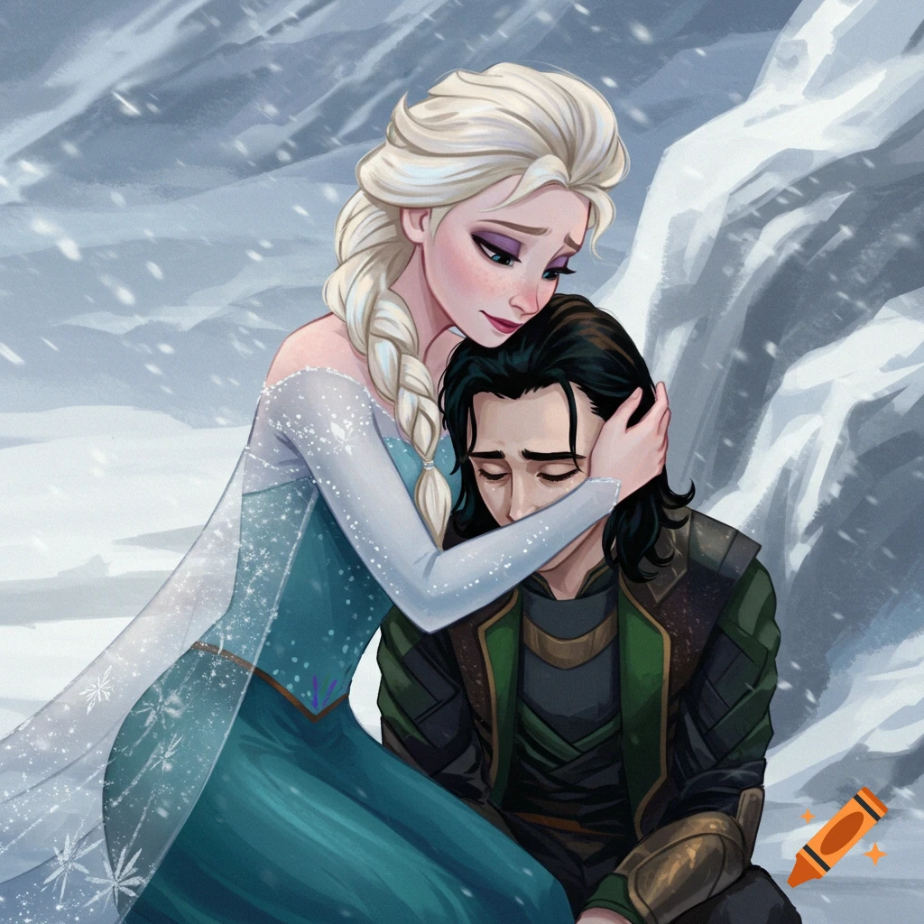 Elsa from Frozen embraces and comforts a sad Loki in a snowy landscape ...