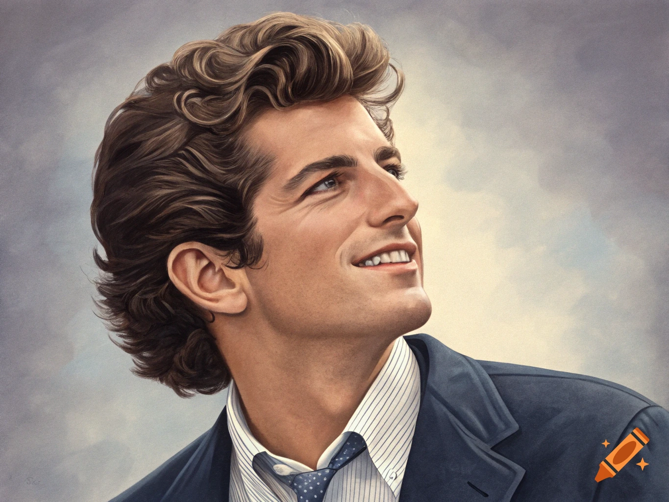 Realistic painting of a young man, John Kennedy Jr., with wavy brown ...