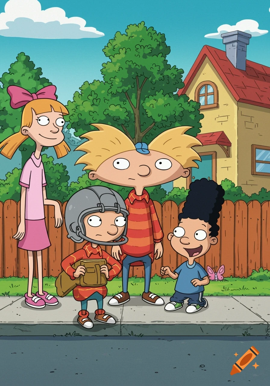 Cartoon characters Arnold, Helga, Stinky, and Gerald from Hey Arnold ...