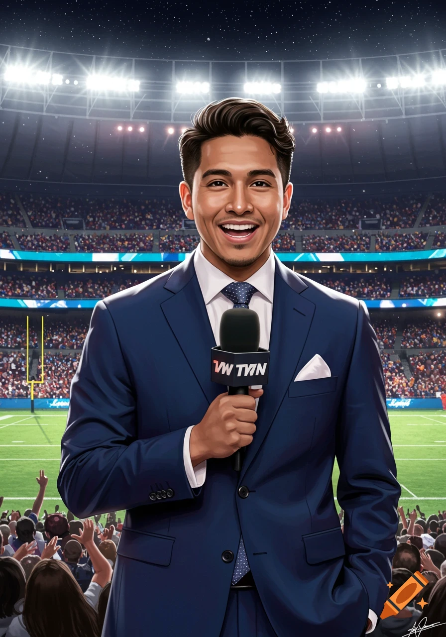 A smiling male sports reporter in a suit holds a microphone in a ...