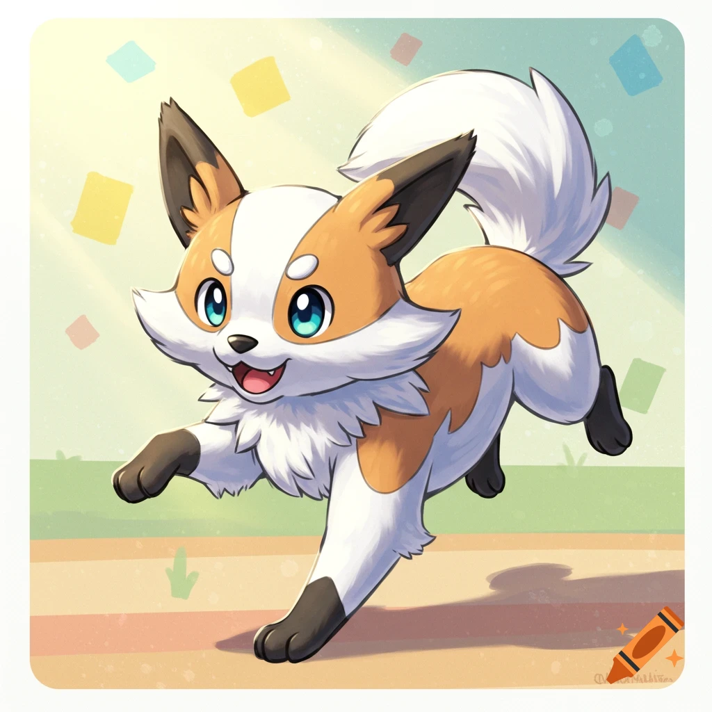 A cheerful, orange and white fox-like Pokemon creature with blue eyes ...