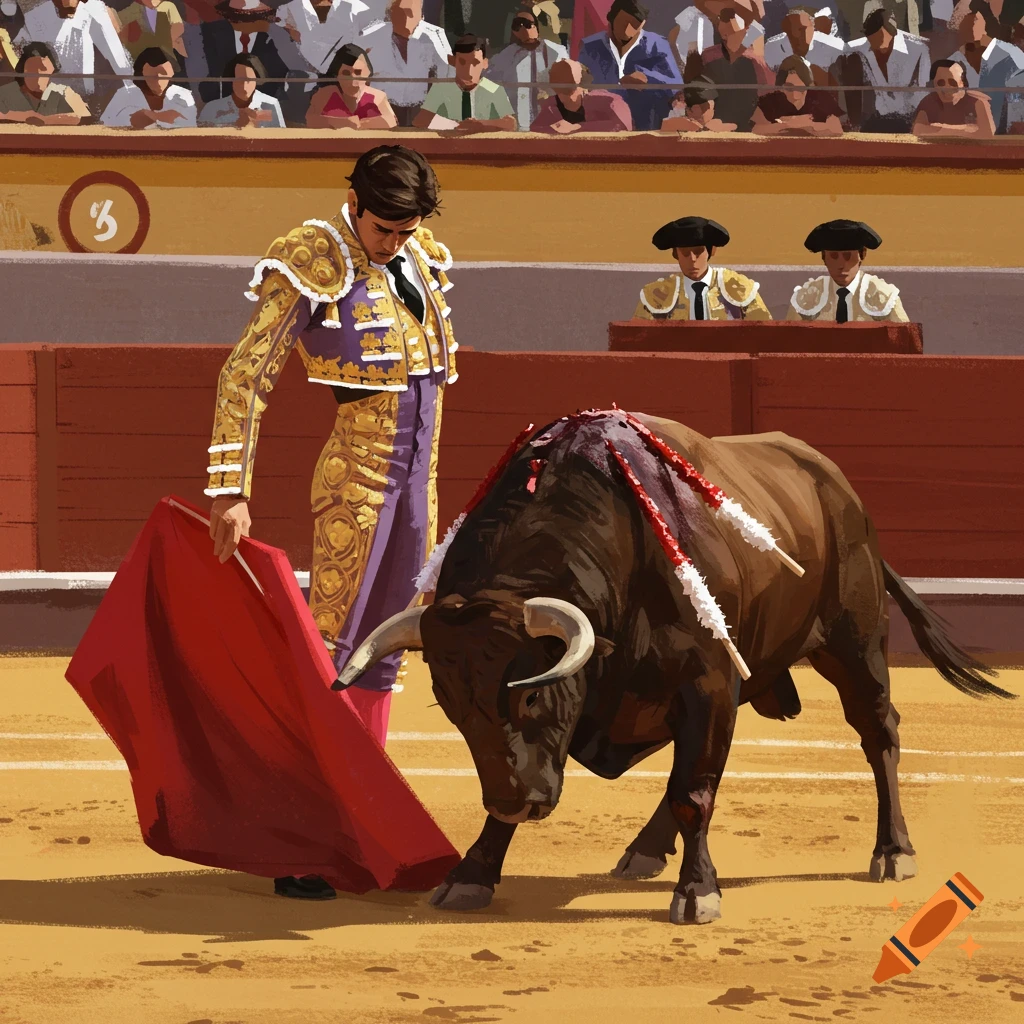 A matador in ornate gold and purple attire stands in a bullring with a ...