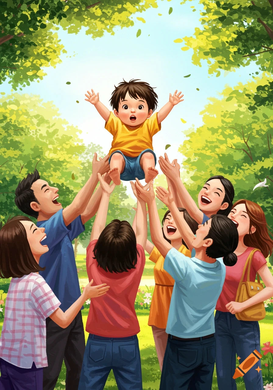 Six smiling adults joyfully toss a baby in a yellow shirt into the air ...