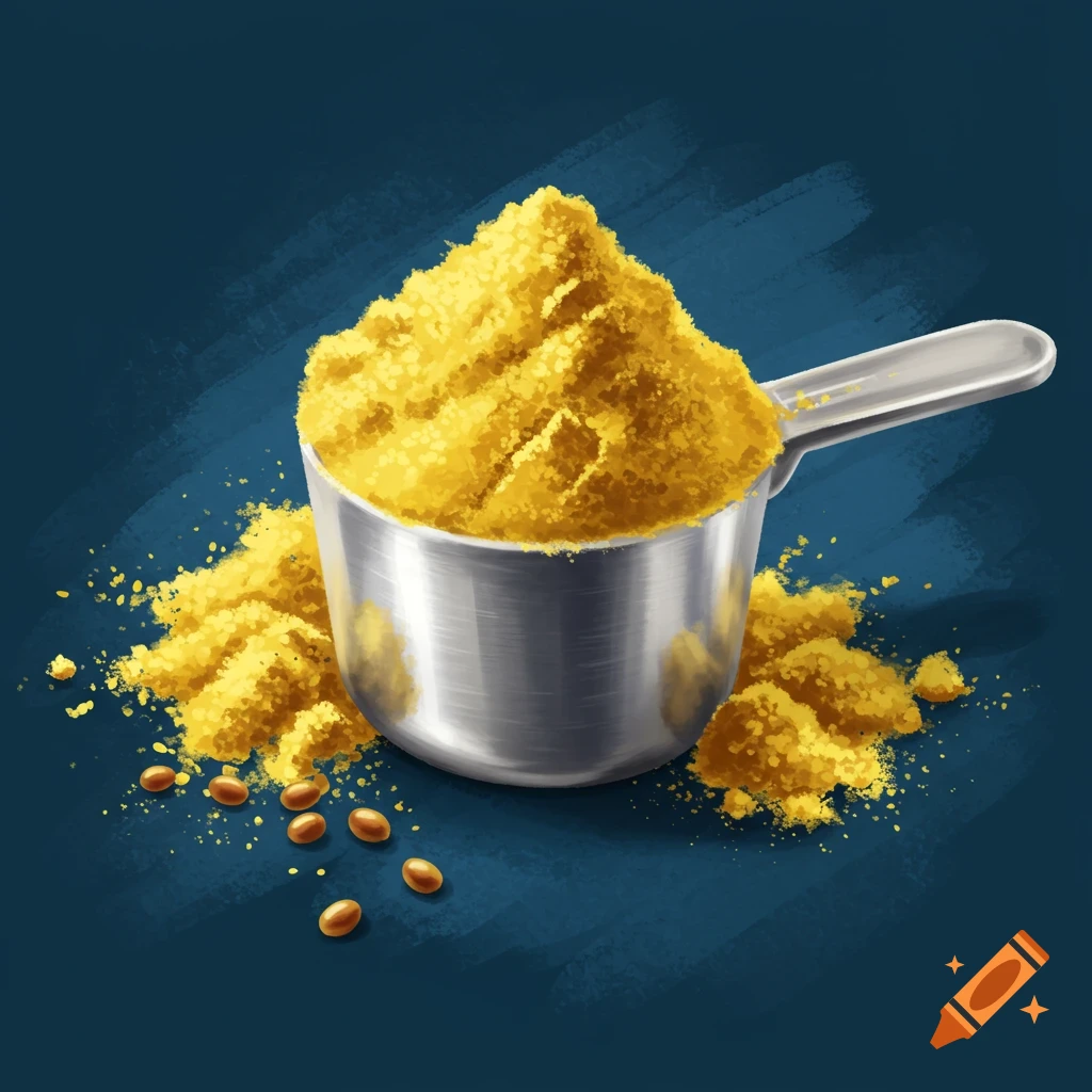 An illustration of a metal measuring cup overflowing with yellow powder ...