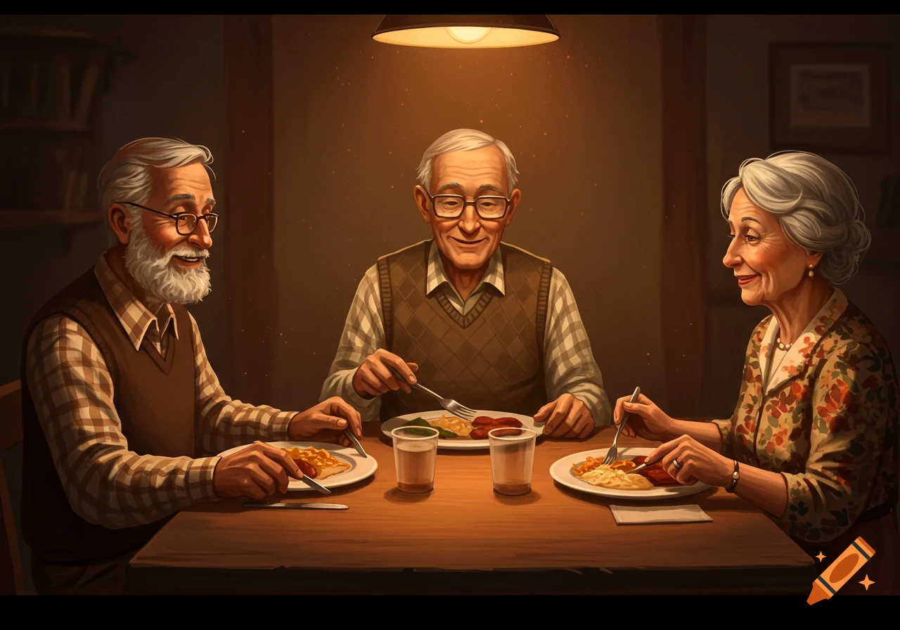 Three smiling elderly people, two men and one woman, sit around a table ...