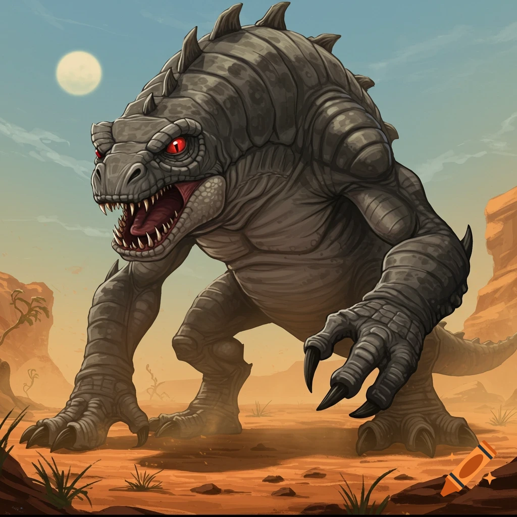 A menacing gray reptilian Zillo Beast with red eyes and sharp teeth ...
