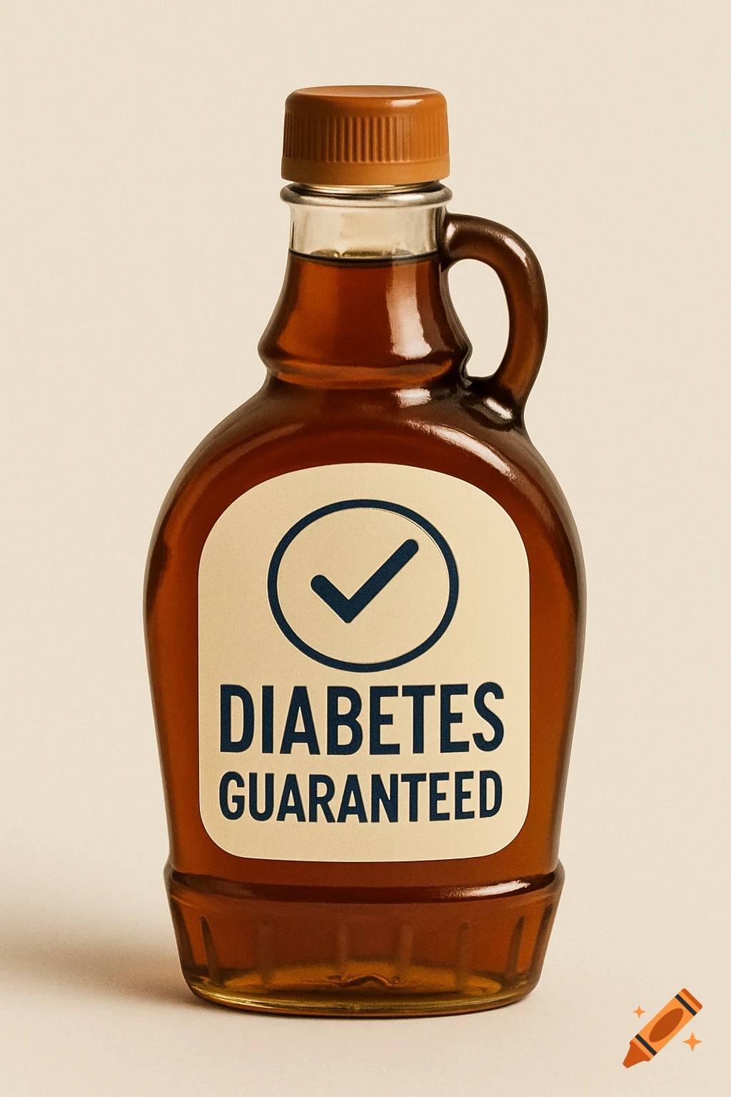 A photorealistic image of a bottle of amber syrup with a label that ...