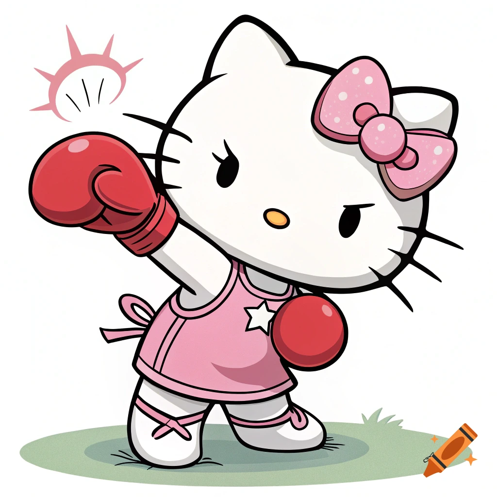 Hello Kitty wearing pink boxing gear, including red gloves and a sports ...