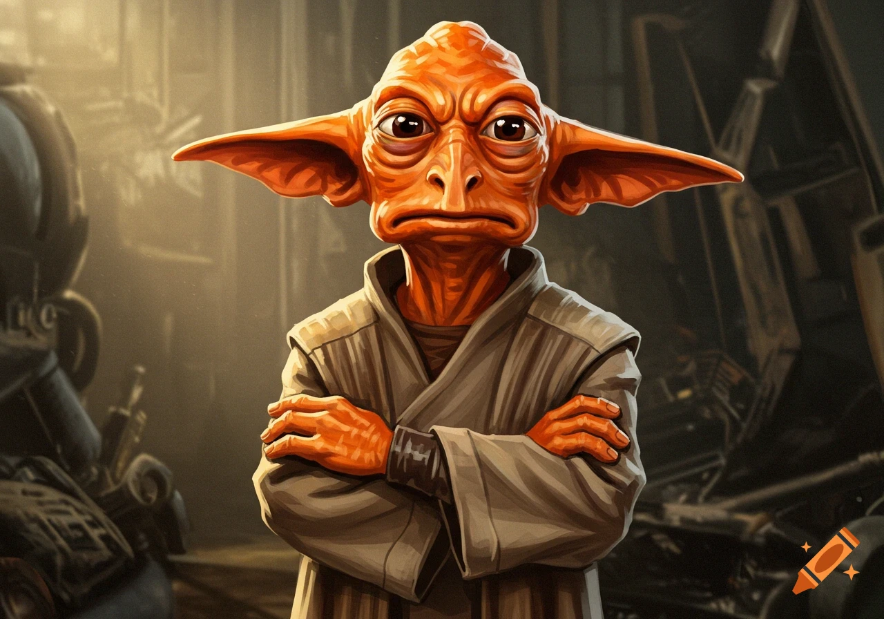 Close-up of Watto, an orange-skinned alien with large ears, wearing a ...