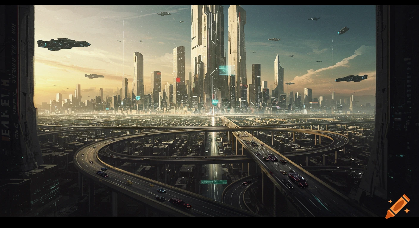 A sprawling futuristic city at sunset with towering skyscrapers, multi-level freeways, and ...