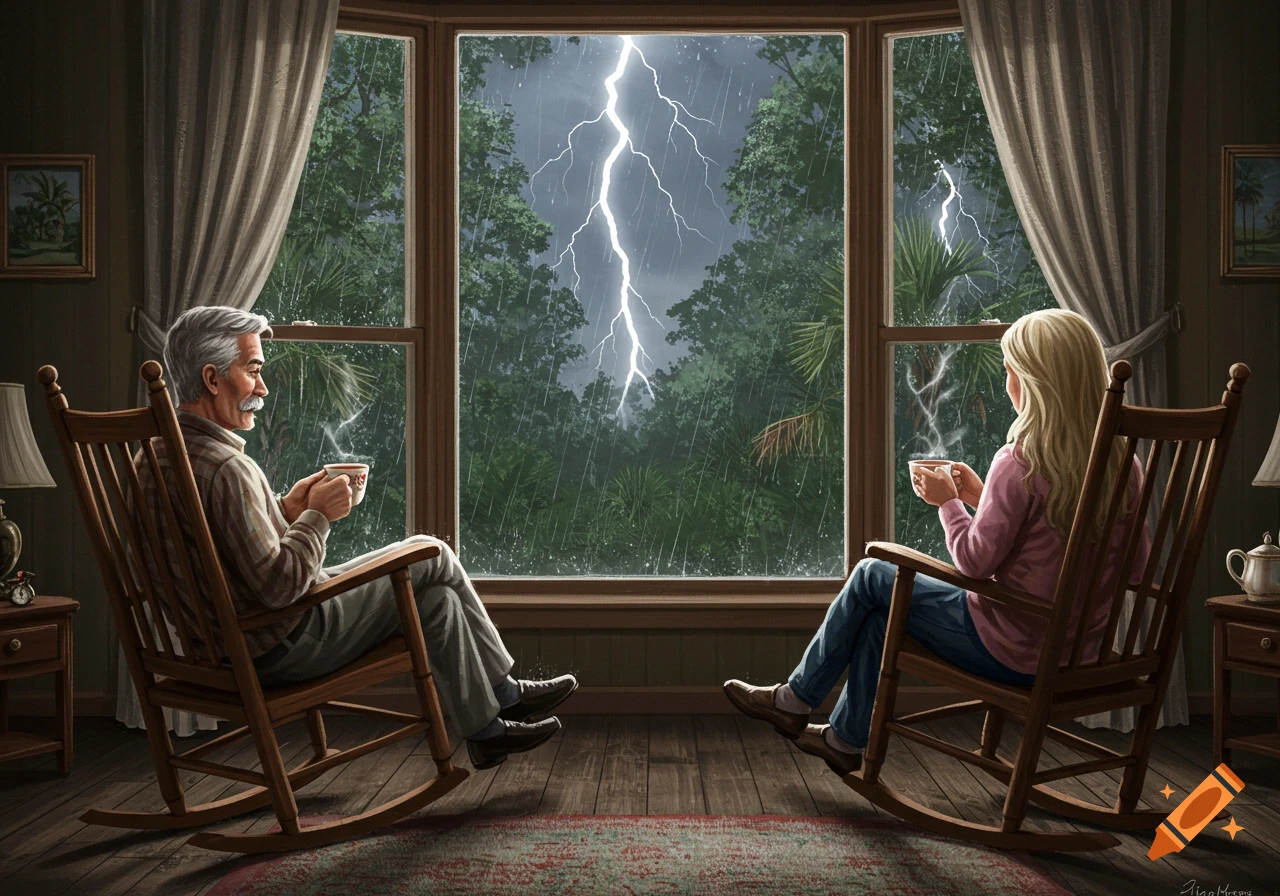 An elderly couple sits in rocking chairs by a bay window, holding ...