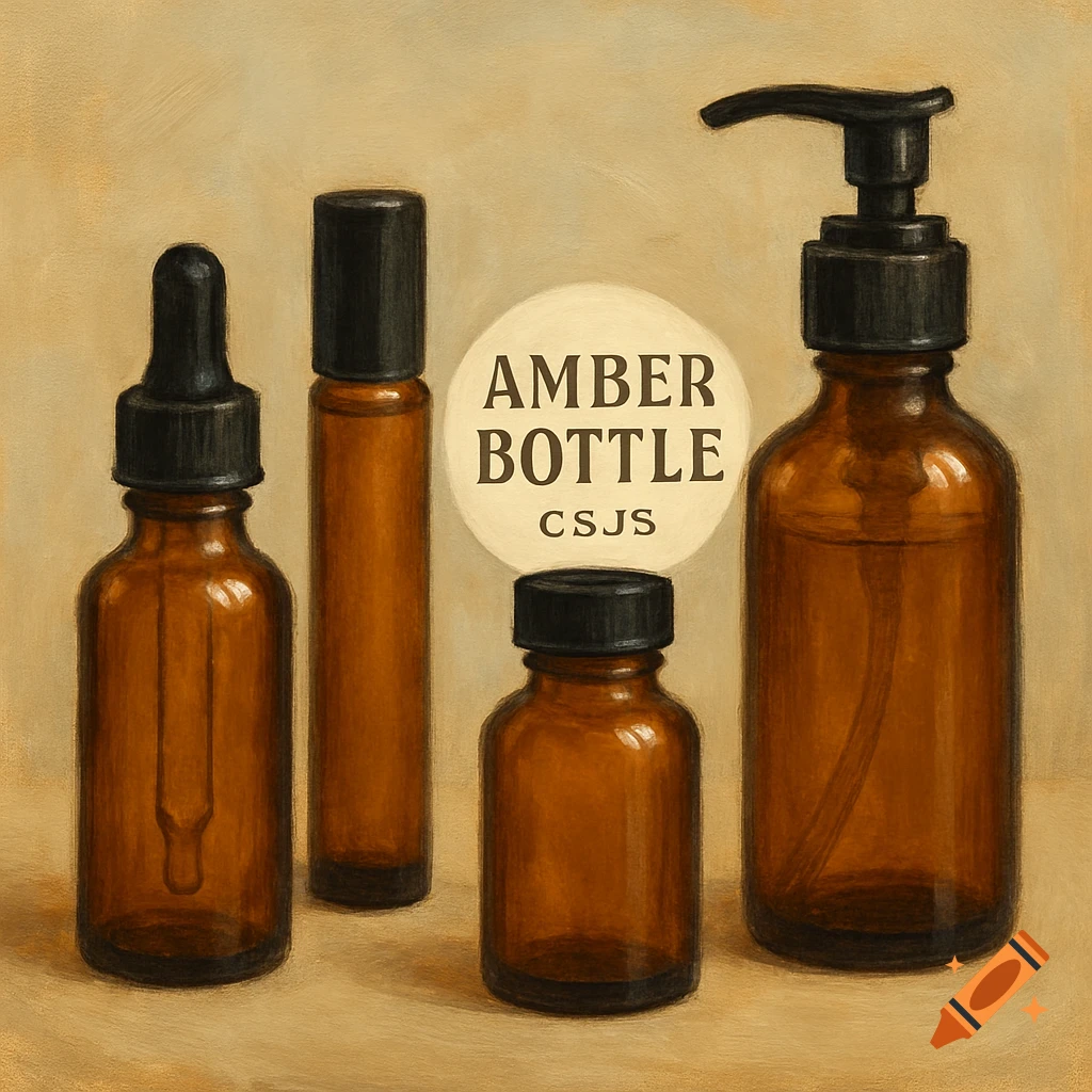A still life painting of amber glass bottles: a dropper, a roll-on, a ...