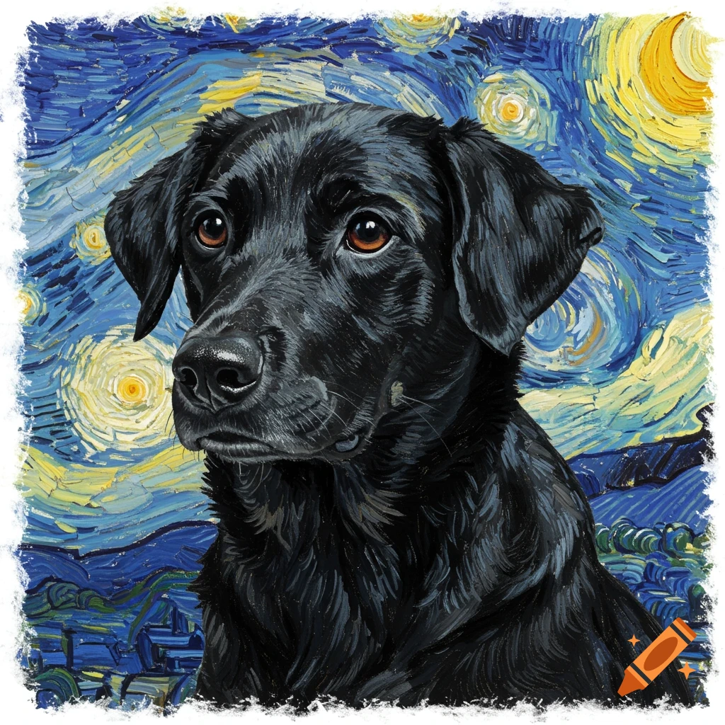 A black labrador dog in the swirling, vibrant style of Van Gogh's ...
