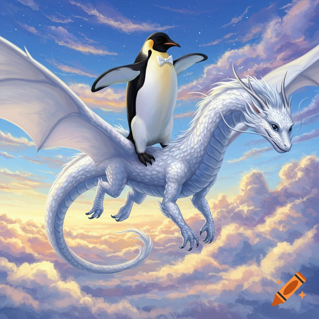 A large emperor penguin with a bow tie rides a white dragon through a ...