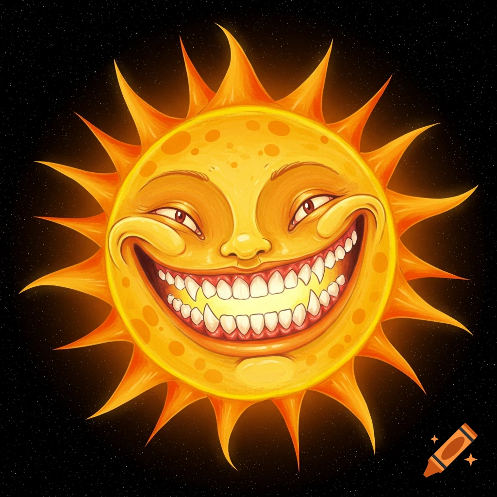 A cartoon sun with a wide, toothy smile and sharp teeth against a ...
