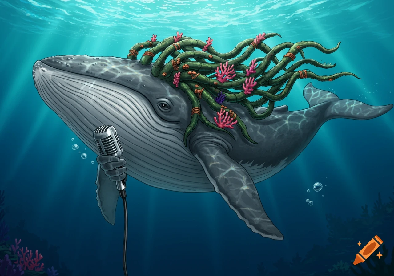 A stylized illustration of a grey whale with green dreadlocks and pink ...