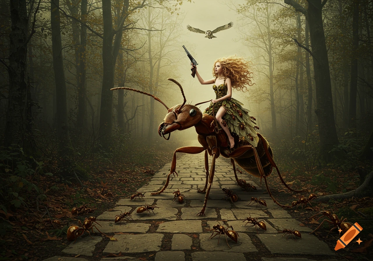A woman with long blonde hair rides a large ant down a stone path in a ...