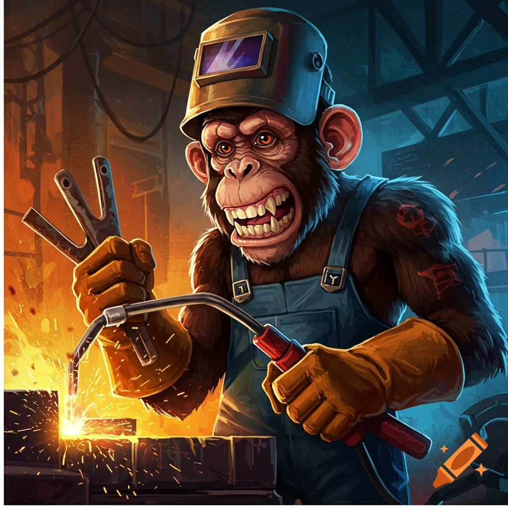 A cartoon chimpanzee wearing a welding mask and overalls, intensely ...
