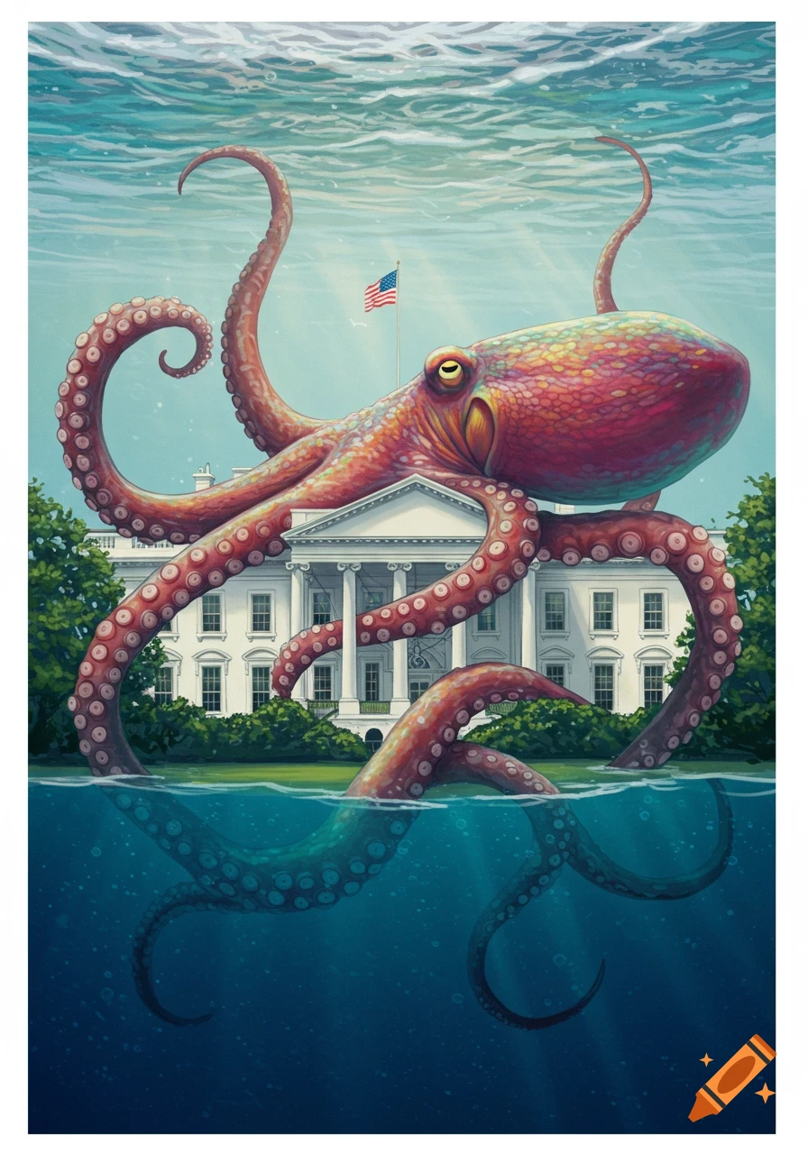A giant red octopus with tentacles draped over the White House, partly ...